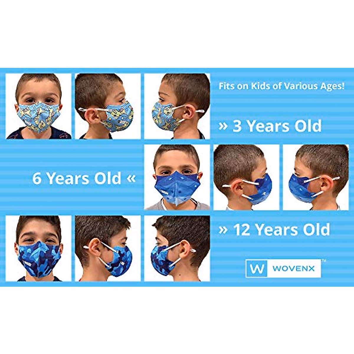 wovenx - FDA Registered, 5 Ply, Kids Face Masks 15 Pack, With Adjustable Earloops, Individually Packaged, Disposable, (Boys Masks: Dinosaur, Fishes, Camouflage)