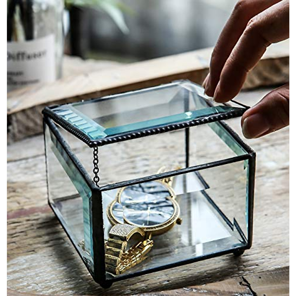 Retro Clear Glass Box Keepsake Jewelry Trinket Boxes Home Decor, Beveled Glass Display Box, 3.75x3.75x3 in
