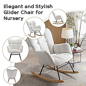 Sudwesto Modern Nursery Rocking Chair, Upholstered Glider Chair with High Backrest, Rocker Accent Armchair with Solid Wood Legs for Nursery Bedroom Living Room (White Velvet)