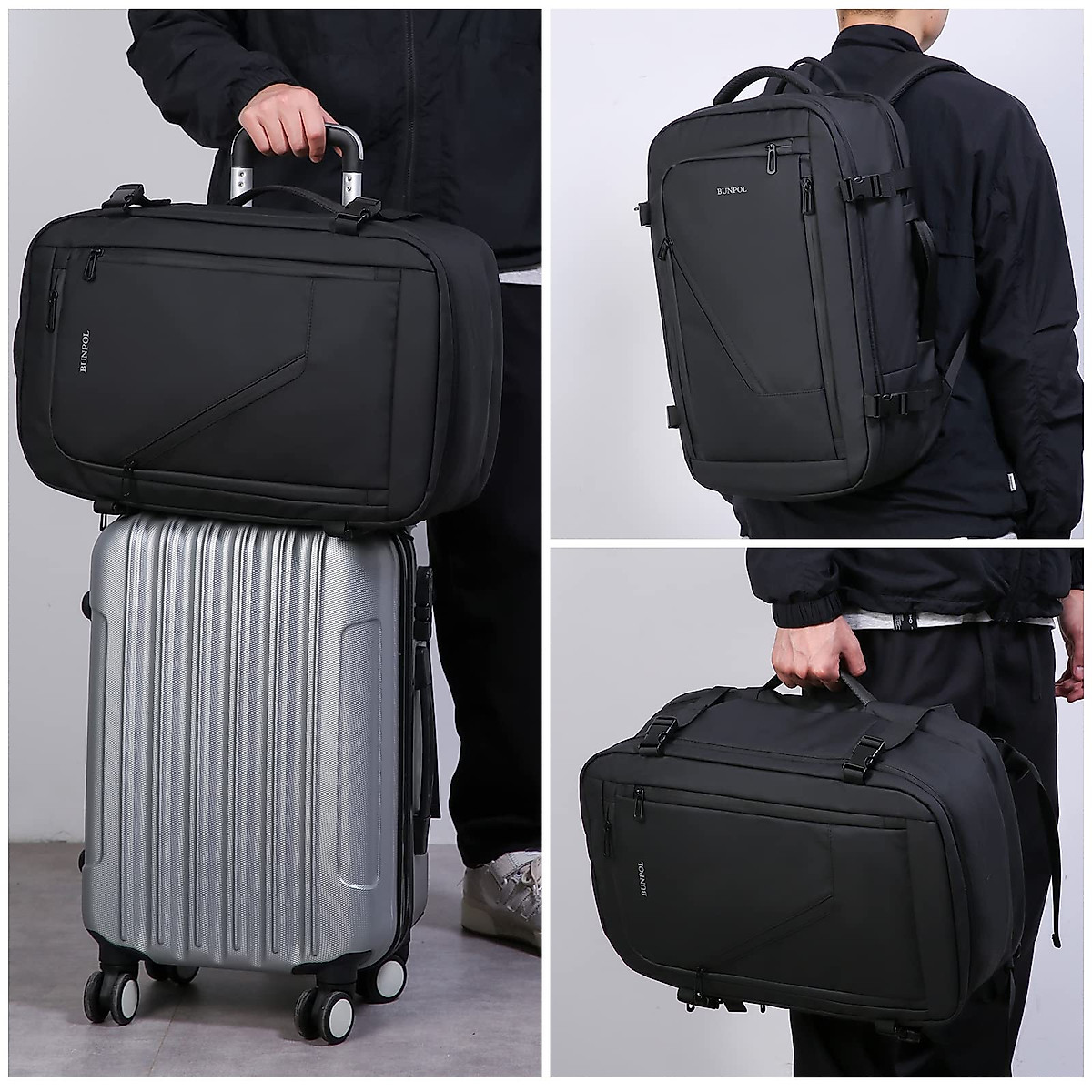 BUNPOL Travel Backpack for Men,Large Capacity Laptop Carry on Backpack Flight Approved Waterproof Durable Fit 20 Inch Laptop Backbag Weekender Bag for Men Women Black