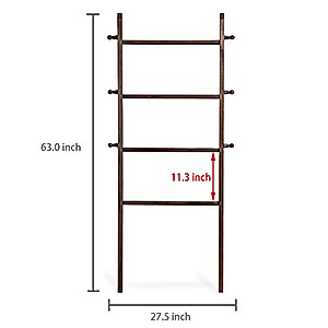 MyGift 5 Ft Tall Dark Brown Solid Wood Wall Leaning Blanket Ladder, Farmhouse Bathroom Towel Rack 4 Rungs and 6 Pegged Hooks