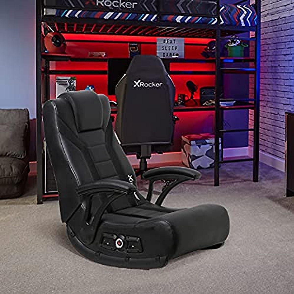 X Rocker Jynx Floor Gaming Chair, Headrest Mounted Speakers, 2.1 Bluetooth Audio System, Wireless, Recliner with Padded Armrest, 5111601, 37.01" x 22.83" x 34.65", Black