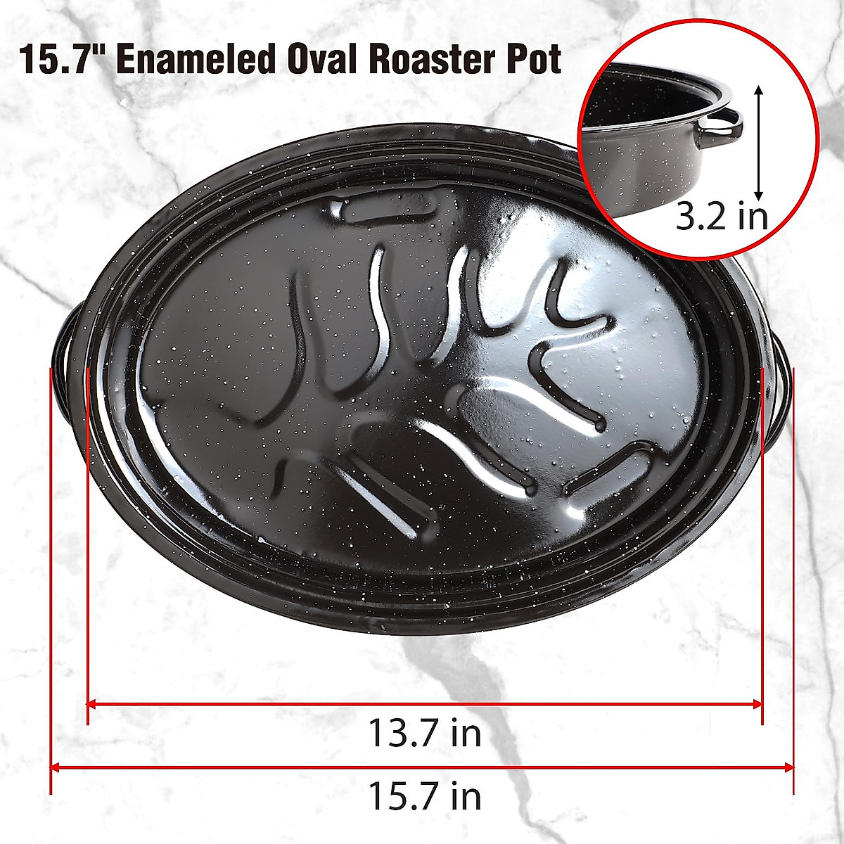 MorTime Granite Roasting Pan, 14.5" Enameled Oval Roaster Pot with Lid for Small Turkey, Chicken, Ham, Broiler Pan for Oven, Dishwasher