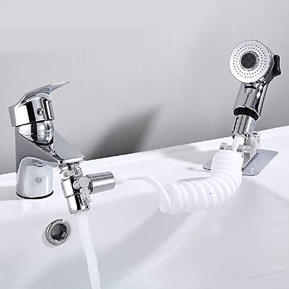MANYHORSES Hand Shower Sink Hose Sprayer,Shampoo Sink Hose Sprayer Attachment,Faucet Extension Tubes, Chrome, Adjustable Mode,Copper Valve Adapter,No Drilling Support