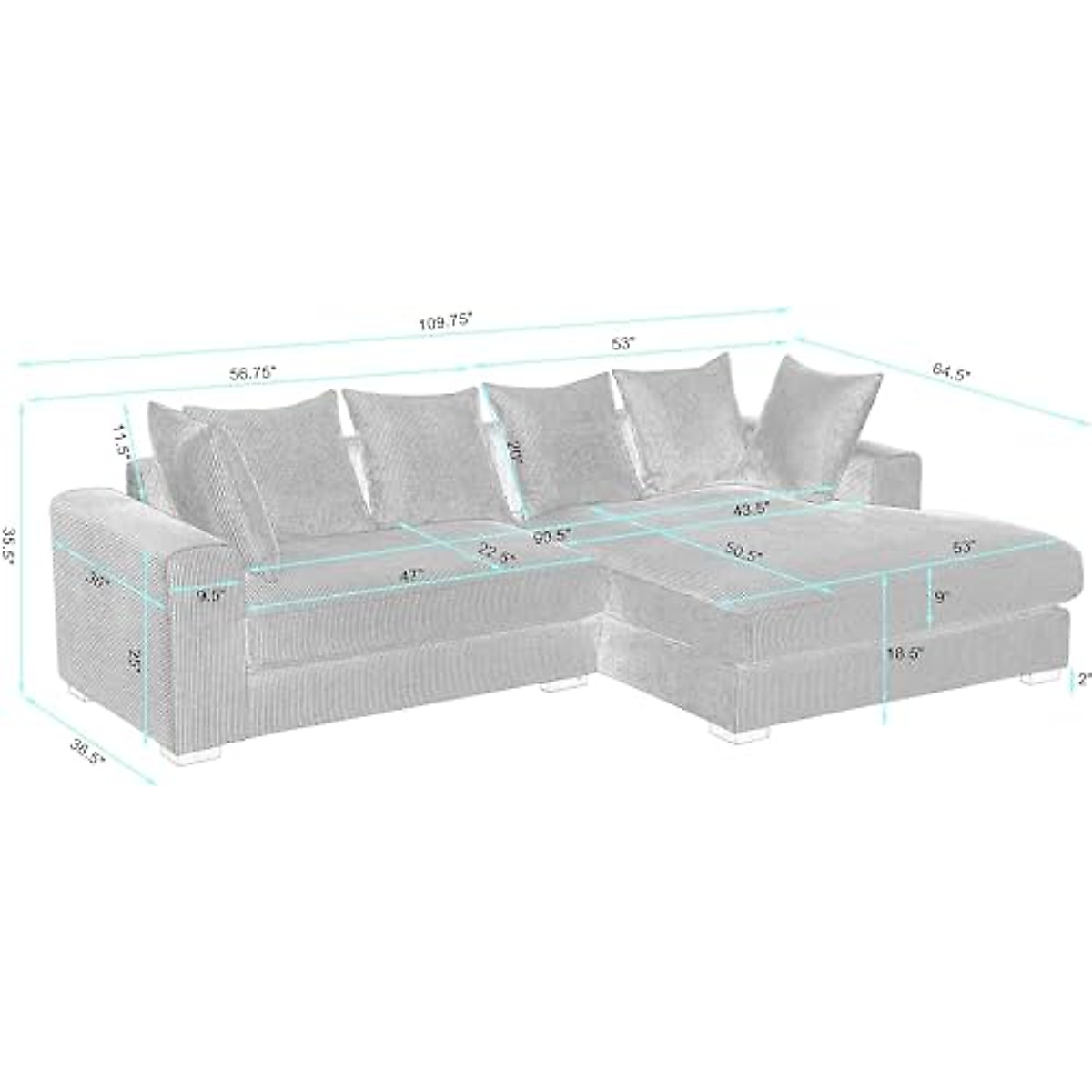 ERYE Oversized 2 Piece Right Facing Sectional Sofa Couches for Living Room, 109.75-Inch L Shaped Convertible Corduroy Upholstered Sofa&Couch with Left Chaise Lounge Daybed