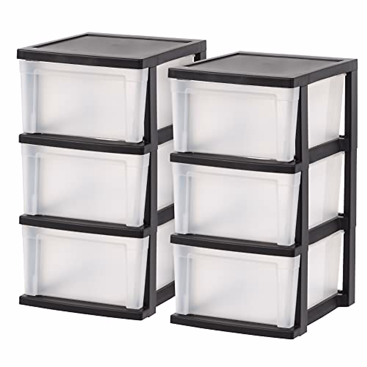 IRIS USA 3-Drawer Plastic Storage Dresser, 2-Pack, Standing Organizer Storage Container Bin with Drawers for Clothes Crafts Classroom Bedroom Dorm, Black/Clear