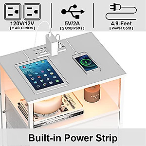 Tohomeor End Table with Charging Station LED Light Nightstand Bedroom Bed Side Dresser with 3 Fabric Drawers Open Storage Shelf Living Room Sofa End Table with USB Ports and Outlet (White, 1 Pack)