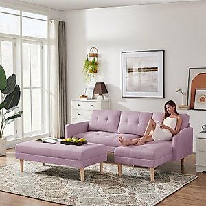 oaaktu 81" Sectional Sleeper Sofa，4 Seat U-Shaped Sofa Couch with Linen Fabric and Double Chaises, Modern Living Room Furniture Sets for Apartment (Pink)
