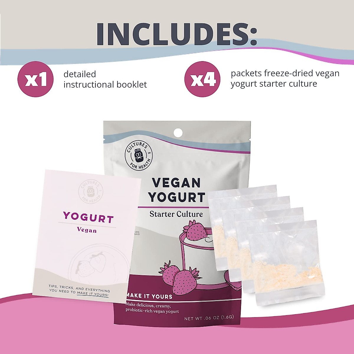 Cultures for Health Vegan Yogurt Starter Culture | 4 Packets Direct-Set Active Cultures | DIY Dairy Free Yogurt from Soy Milk, Oat Milk & Other Plant Based Milk | Vegan Probiotic Yogurt for Gut Health