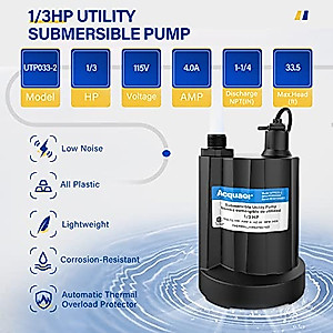 Acquaer 1/3 HP Submersible Water Pump 2160GPH Sump Pump Thermoplastic Utility Pump Portable Electric Water Pump Water Remove for Basement Hot Tubs Garden Pool Cover Draining with 10 ft Cord