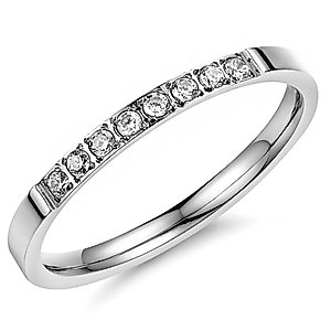 Fashion Month Women 2mm Titanium Stainless Steel Cubic Zirconia CZ Inlay White Gold Ring Wedding Engagement Silver Band Size 8