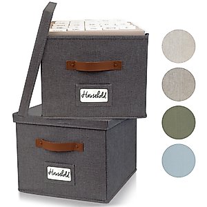 ZICOTO Decorative File Organizer Box Set of 2 - Collapsible Linen Filing Cabinets w/Handles Are Perfect to Store all Your Documents & Hanging File Folders - Portable Easy Slide Crates with Lid
