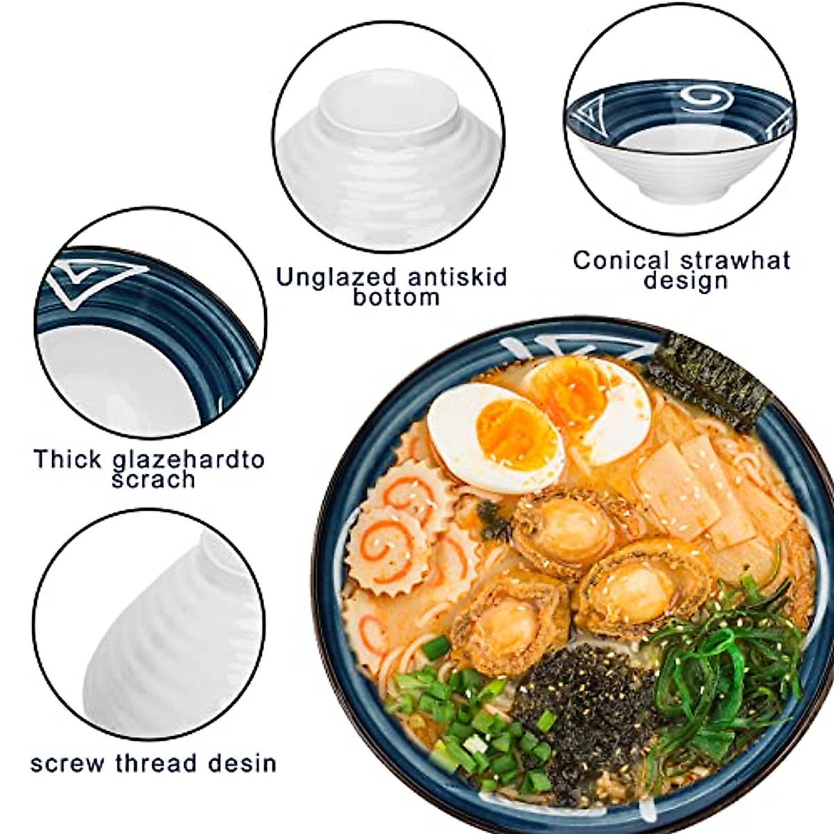 CYSNATU Japanese Ramen Bowl, Ceramic Ramen Bowls Set of 2, 34oz Large Ramen Bowl Noodle, Ramen Bowl with Chopsticks and Spoon(Blue and White)
