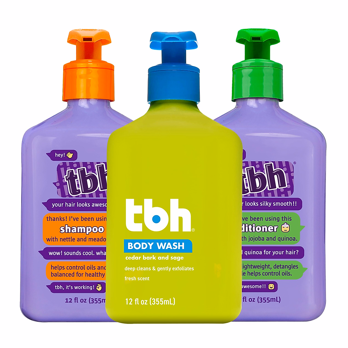 TBH Teen and Kids Shampoo, Conditioner, and Body Wash - Shampoo and Conditioner for Oily Hair, Gentle Exfoliating Body Wash - Sulfate, Paraben Free - 12 oz (3 Pack)