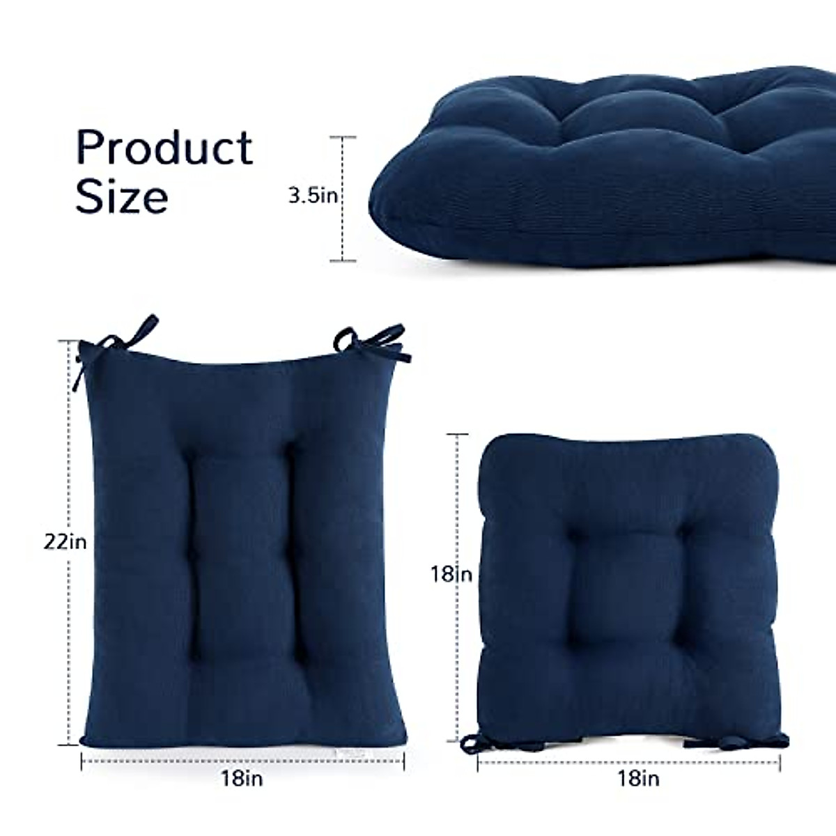 Stoog 4-Piece Indoor & Outdoor Rocking Chairs Cushions, Non-Slip Chair Pads with Ties, 2 Seat and 2 Back Cushions, Blue, (22" x 18", 18" x 18")