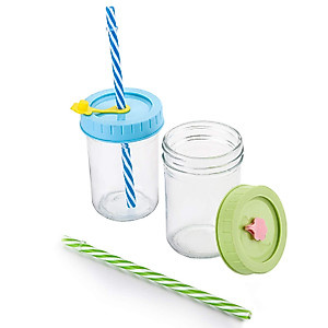 Suwimut 12 Pack Kids Toddler Cups Glass Mason Jars, 8 OZ Regular Mouth Spill Proof Smoothie Snack Cup with Lids, Plastic Straws, Silicone Stoppers and Cleaning Brush, Kid Tumbler for Drinking