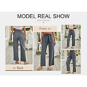 EVALESS Casual High Waisted Straight Leg Linen Palazzo Pants for Women Casual Solid Color Tie Comfy Trousers with Pockets Grey Large