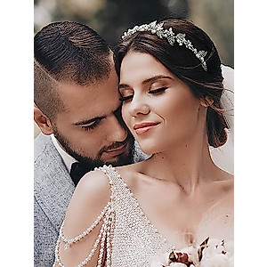 SWEETV Pearl Bridal Headband Silver Tiara for Bride Headpiece Crystal Leaf Wedding Hair Accessories Jewelry Tiaras for Women