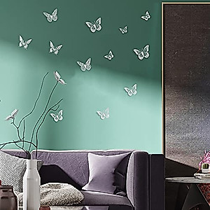 SAOROPEB 3D Butterfly Wall Decor, 48 Pcs 4 Styles 3 Sizes, Removable Metallic Wall Sticker Room Mural Decals for Kids Bedroom Nursery Classroom Party Decoration Wedding Decor DIY Gift (Sliver)