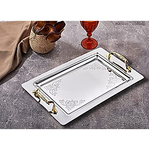 Candymosa Silver Serving Tray with Handles (14”x9”) - Stainless Steel Serving Tray for Drinks and Food - Silver Tray Decorative - Ideal as a Coffee Tray, Bar Tray, Silver Platter or Turkish Tray