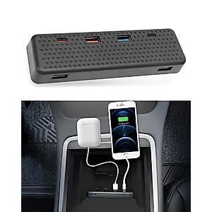 Foruly for Tesla Model Y 3 2021 2022 2023 USB Hub 6 in 1 Accessories Docking Station, Car Accessories of Center Console Smart Sensor Provides Charging & Data Transfer for Smart Phones