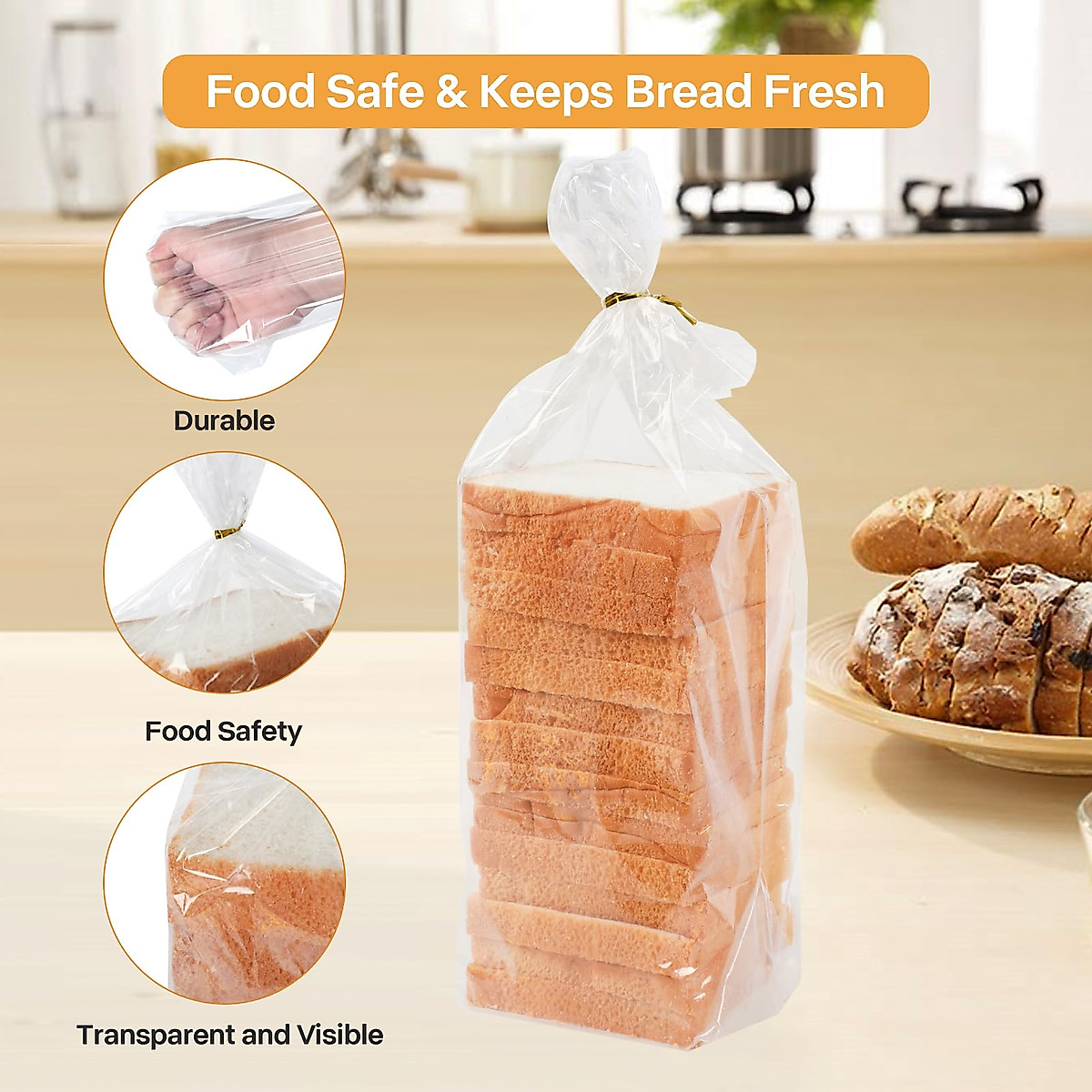 Spmarkt 100packs Plastic Bread Bags with 110 Twist Ties, Food Grade Plastic Bread Bags for Homemade Bread, Clear Bread Loaf Bags for Convenient Baking Storage Solution, Ideal for Home Bakers