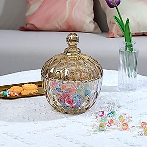 Joeyan Amber Glass Candy Dish with Lid,Large Glass Covered Candy Jar,Decorative Candy Bowl,Embossed Glass Canister for Cookies Nuts Chocolates,Home Wedding and Buffet Decoration Jars,34 oz