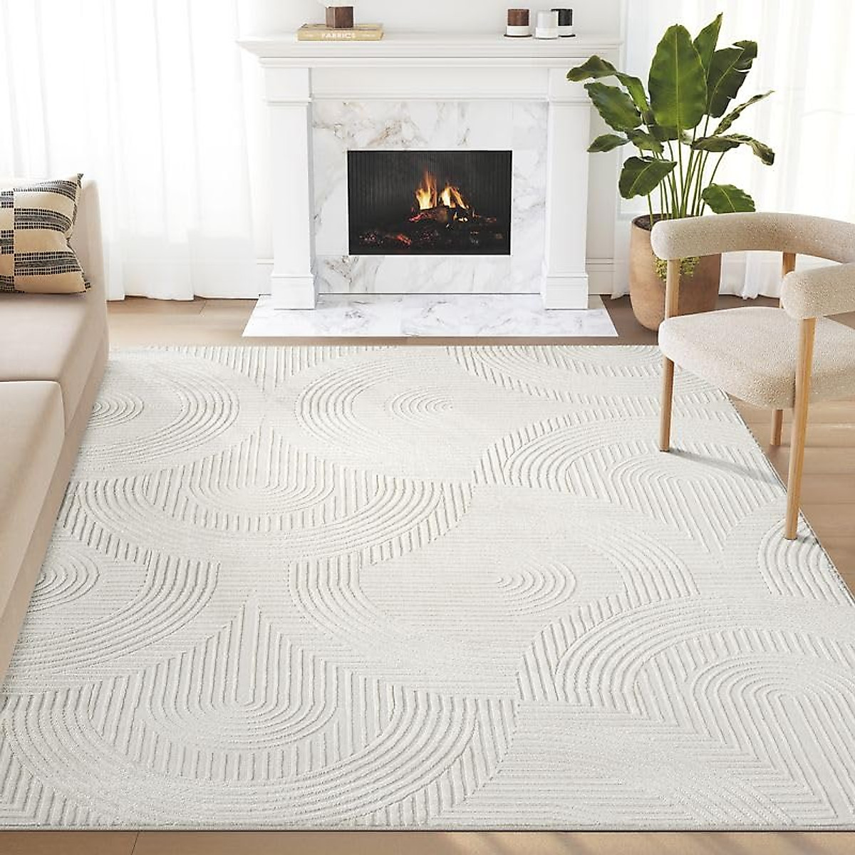 Abani Neutral Cream Area Rug 5' x 8' for Living Room, Bedroom - Zen Reiki Semi-Circle Pattern - Durable & Easy to Clean
