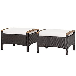 RELAX4LIFE Outdoor Wicker Ottomans for Patio - 2 Pieces PE Rattan Ottoman, Footrest Seat with Zippered Cushions, Acacia Wood Handles, 3-in-1 Footstool, Side Table for Poolside, Backyard (Off White)