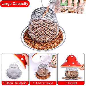 Red Mushroom Solar Bird Feeders - Outdoors Hanging Bird Feeders, Metal Wild Bird Feeder Made of Stainless Steel for Cardinals Bird Seed Feeder Large Capacity birdfeeders is Gift for Mother.