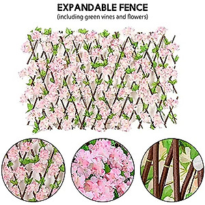 HACSYP Expandable Faux Privacy Fence Wooden Retractable Fence Expanding Fence Hedge Screening with Artificial Flower Leaves | Garden Privacy Protective Screens Trellis Fence Panels