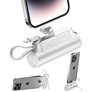 Portable Charger, Power Bank, 5800mAh Small Portable Phone Charger 5V3.1A Fast Charger Built-in Type-C Cable and Phone Holder Cute Battery Pack for iPhone and Android Phone(White)