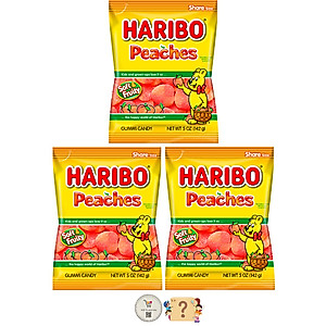 Haribo Gummi Candy - Soft & Chewy Delicious Gummies, (Pack of 3) Share Size Peg Bags + Bonus Mystery Candy (5 oz, Peaches)