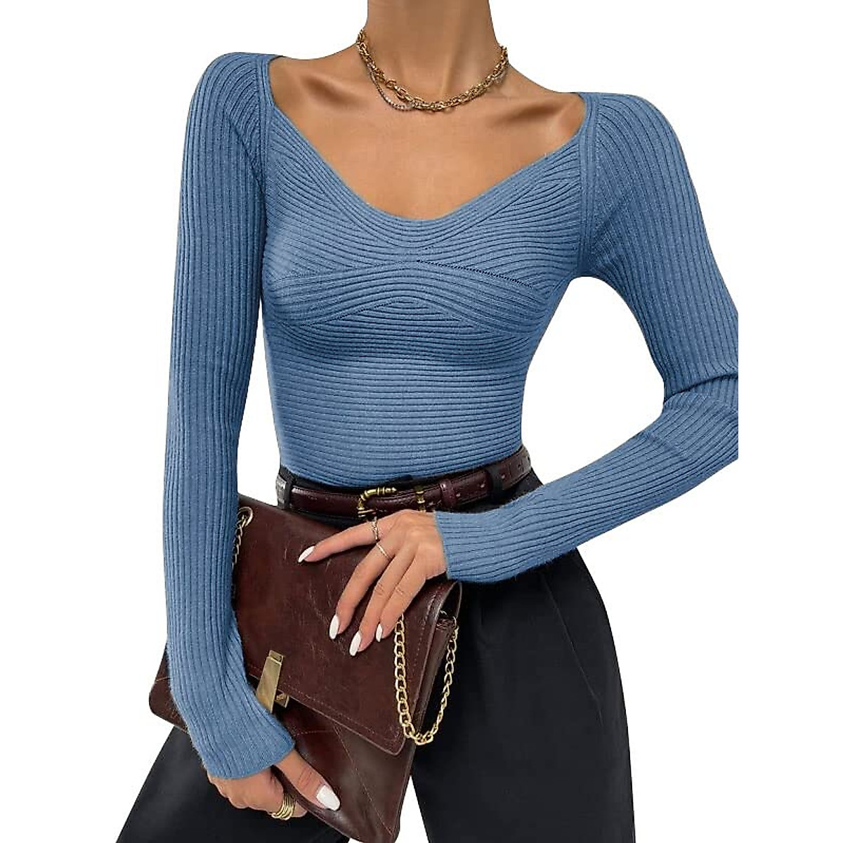 Women V Neck Sexy Crop Sweater Pullover Long Sleeve Ribbed Knit Fitted Slim Casual Tops Blue