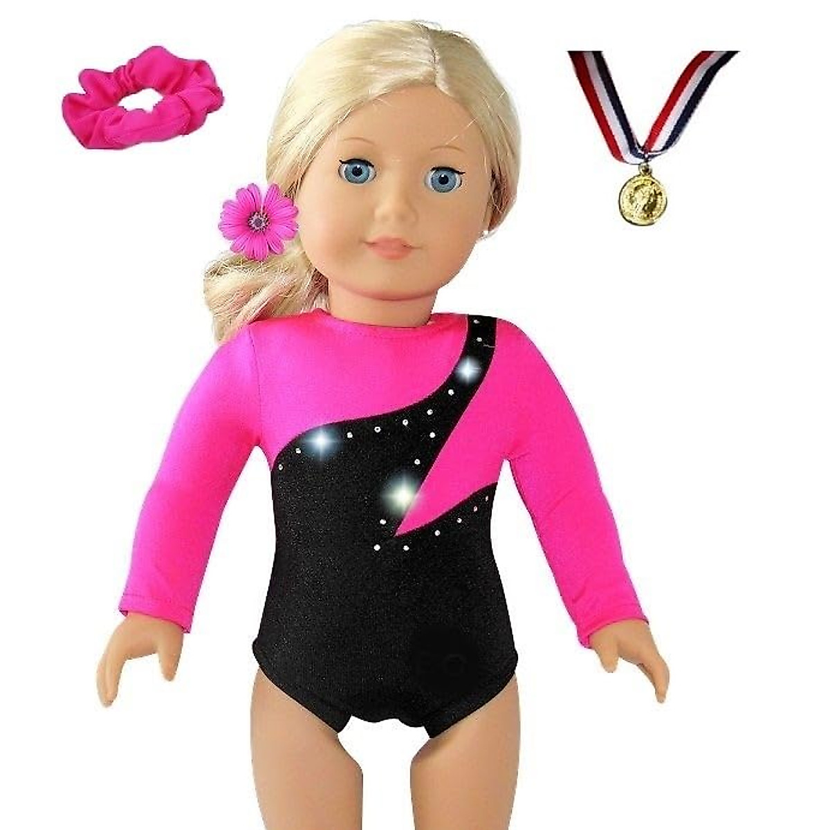 Sparkling Success: 2024 American Doll Girl Pink Gymnastics Doll Clothes Set with Leotard, Mat, Olympic Medal and Hair Accessory. 4 PCS in All! Doll Not Included