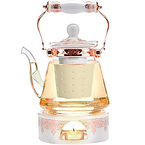 Teabloom Buckingham Palace Teapot & Flowering Tea Gift Set (6 Pieces) - Stovetop Safe Glass Teapot (40 OZ / 1.2 L / 4-5 CUPS), Porcelain Lid, Tea Warmer, Loose Tea Infuser, 2 Gourmet Rose Tea Flowers