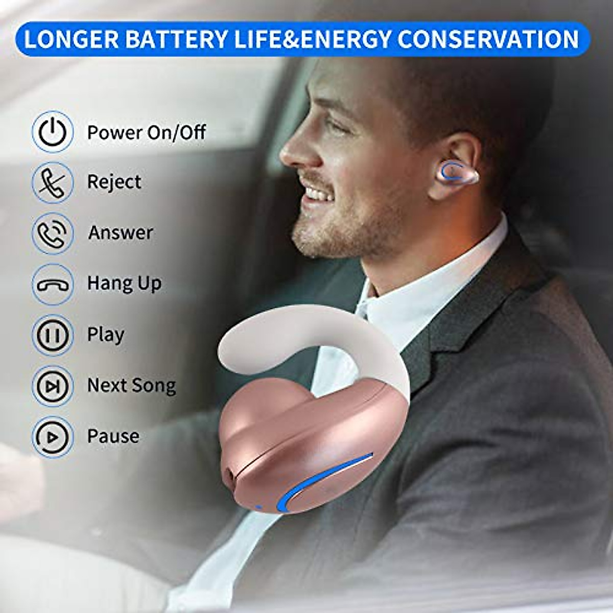 Sunffice Bluetooth Headset, Single Ear BT5.0 Ultralight Wireless Headphone Cell Phone Earpiece Ear Clip with Mic, Noise Canceling Handsfree Driving Earbud for iPhone, Android,Samsung Smartphone(Pink)