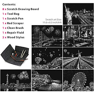 Scratch Painting Kits for Adults & Kids, Rainbow Painting Night View Scratchboard(A4), Crafts Set: 8 Sheets Scratch Cards with 6 tools in Bag - New York, Statue of Liberty, Seattle(America / Europe)