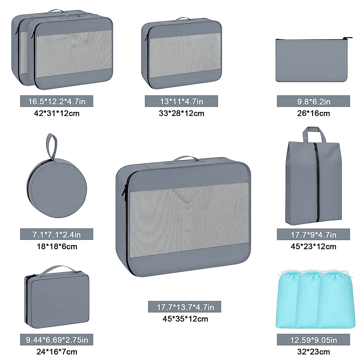 Packing Cubes for Travel 11 Sets of Packing Cubes for Suitcases, Travel Cubes Organizer, Luggage Organizer with Shoes Bag Underwear bag Electronics Bag（Grey）