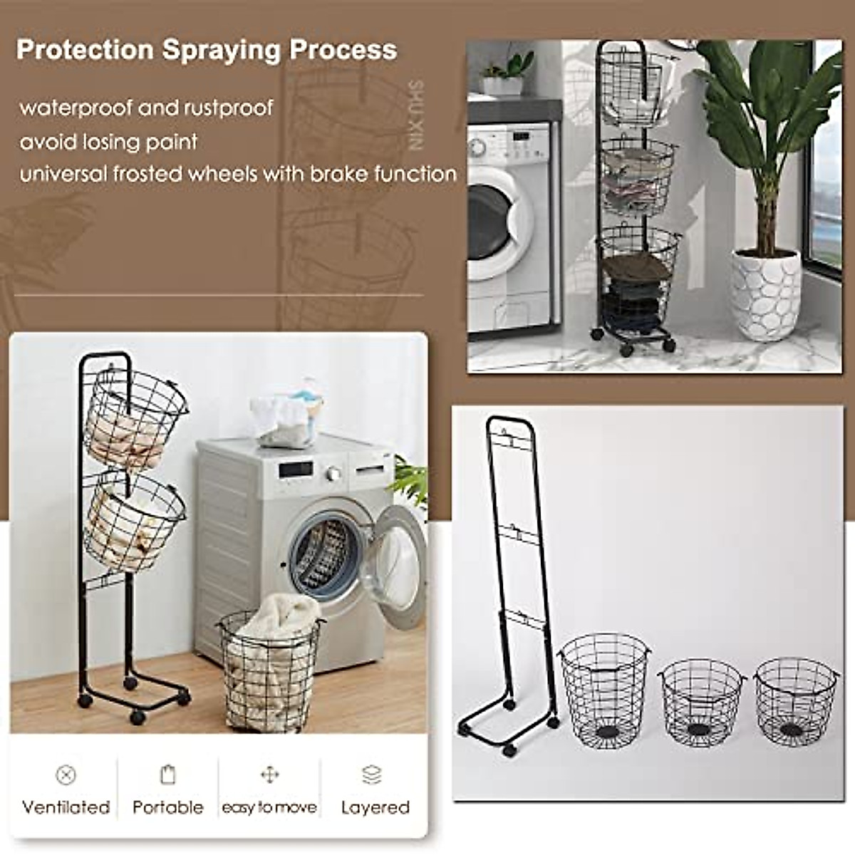 usego 3 Tier Laundry Basket with Rolling Lockable Wheels Wire Metal Sorter Storage Trolley Shelf Basket Durable Metal Sorter Clothes Storage Trolley Shelf with Removable Hamper for Organizing Clothes