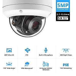 Inwerang Security 5.0MP H.265 POE IP PTZ Camera, 5X 2.7-13.5mm AF Lens, IP66 Waterproof Outdoor/Indoor Vandalproof Network Dome Camera, Audio in, 98ft Night Vision