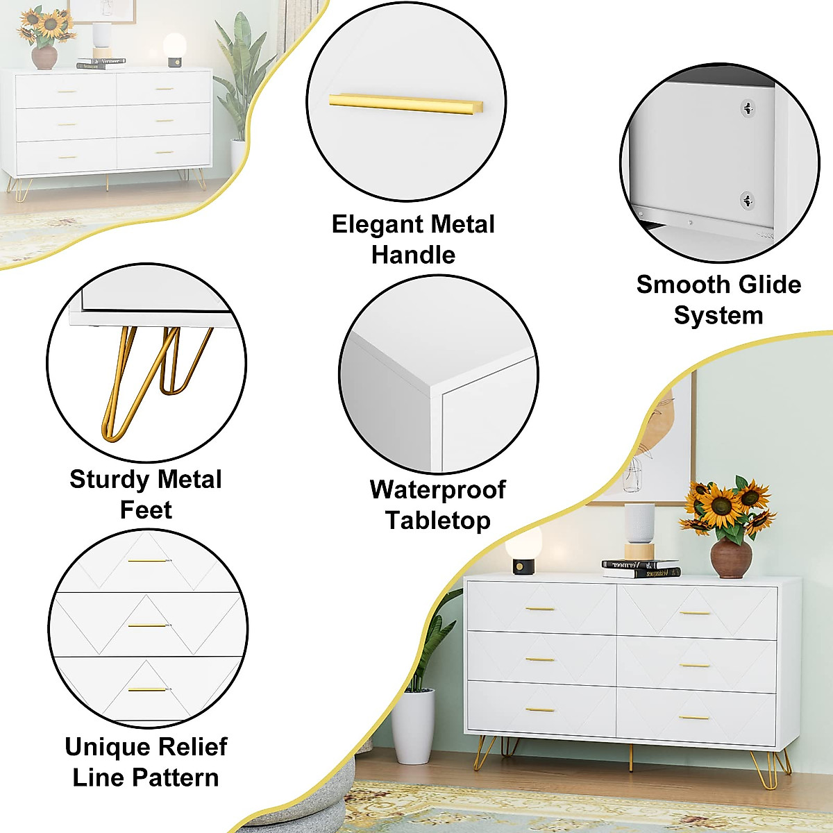 CARPETNAL White Dresser, Modern Dresser for Bedroom, 6 Drawer Double with Wide Drawers and Metal Handles, Wood Dressers & Chest of Hallway, Entryway.