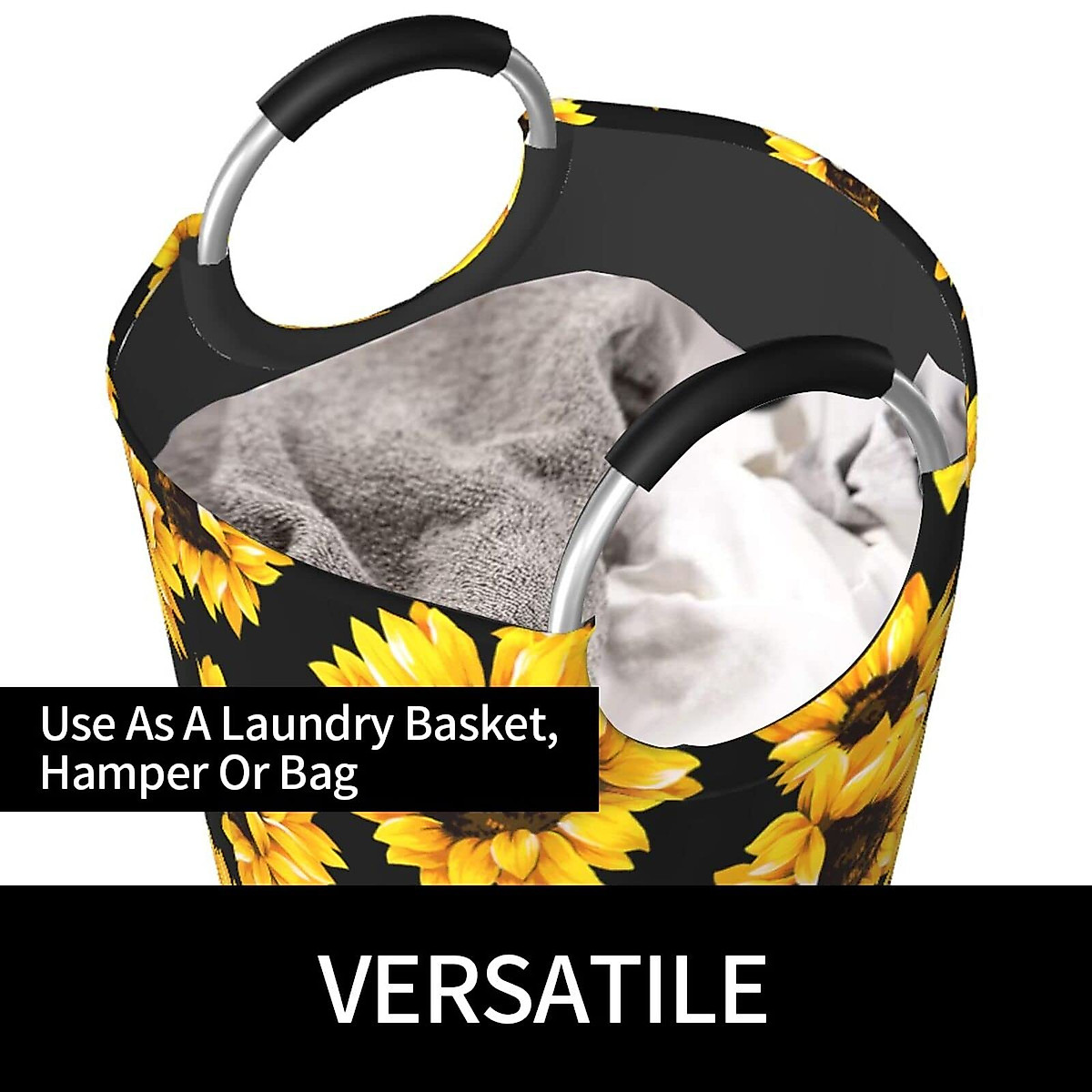 YISUMEI Laundry Basket Clothes Hamper Collapsible Durable Dirty Clothes Storage Laundry Organizer Black Sunflower for Kids Adults Women Gift