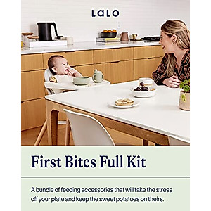 Lalo First Bites Silicone Baby Feeding Set - Baby Led Weaning Supplies - Non-Toxic Silicone - Includes 2 Bibs, 2 Spoons, Training Cup, Suction Plate and Bowl - 6 Pieces - Oatmeal