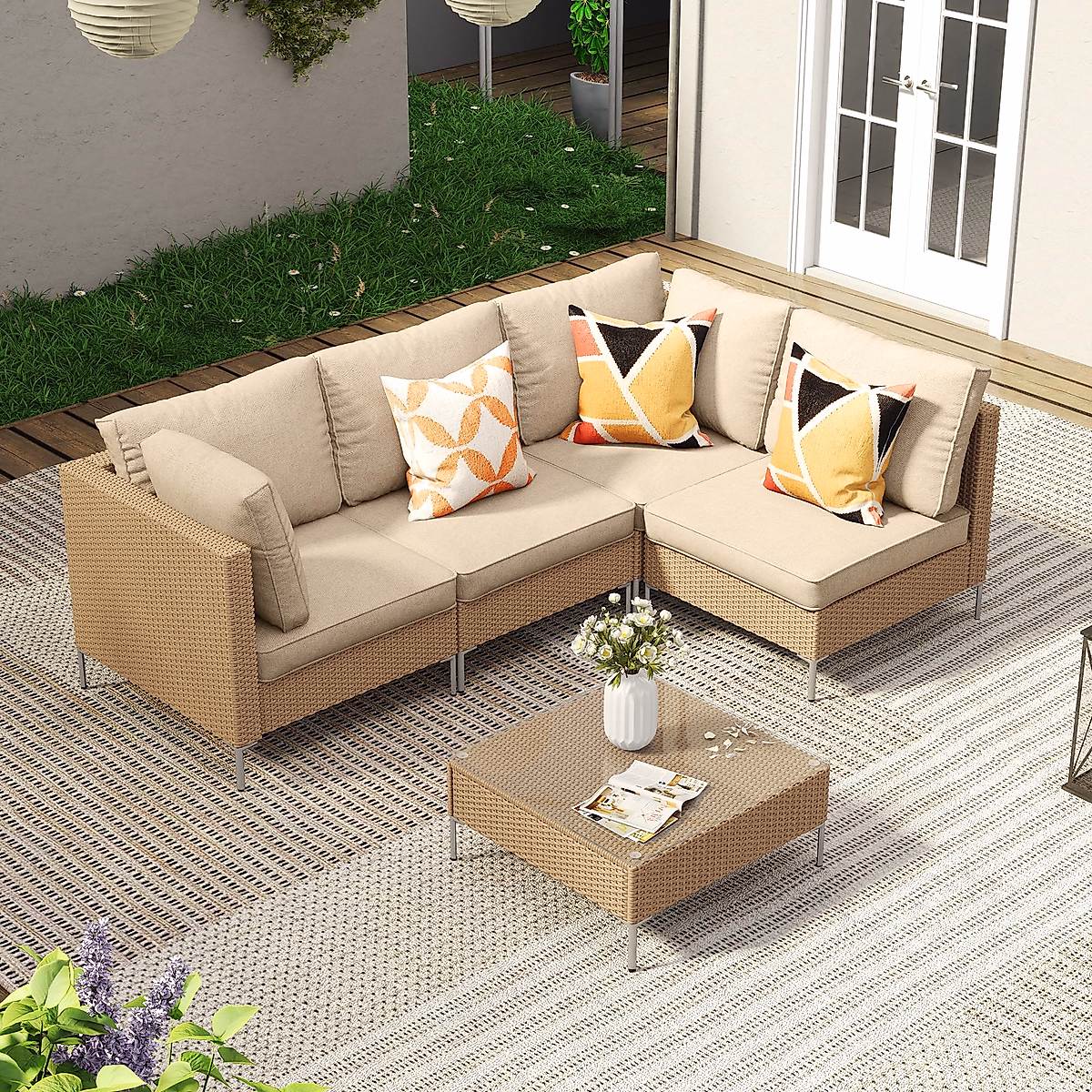 VICLLAX 5 Pieces Wicker Patio Furniture Set, Outdoor Conversation Set Sectional Sofas with Cushions and Glass-top Tea Table, Oak Rattan