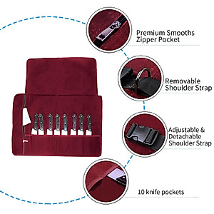 Chef Knife Roll Bag,Waxed Canvas Knife roll bag,Portable 10 Slots Chef Knife case with 1 Zipper Pockets,Heavy Duty Knives Roll Bags for Chef Case for Camping and Hold Home Kitchen Knife Tools Up (Red)