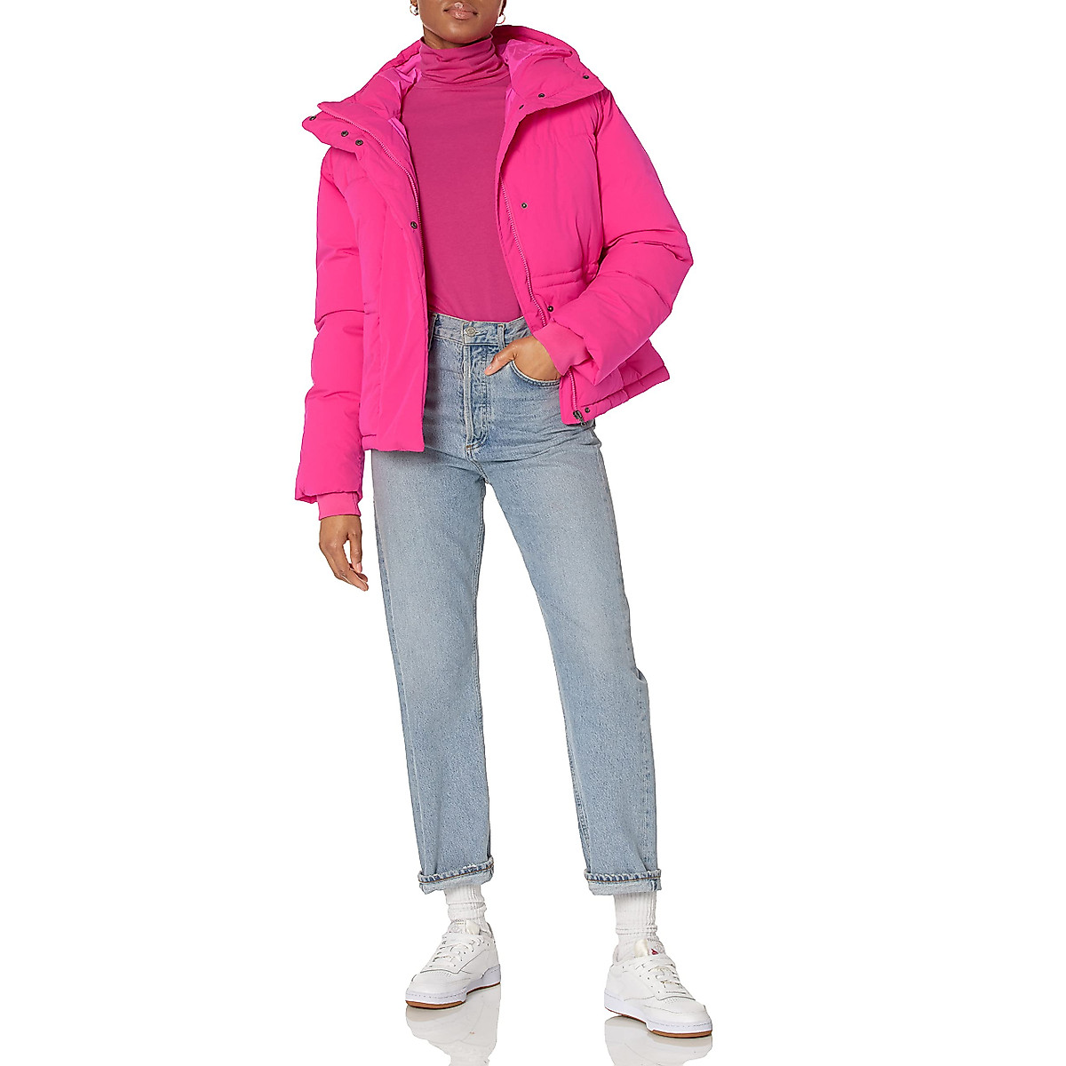 Amazon Essentials Women's Short Waisted Puffer Jacket (Available in Plus Size), Neon Pink, Large