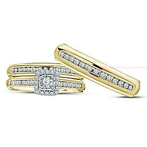 PB Collection His and Hers Cubic Zirconia (CZ) Engagement Wedding Trio Ring Set 14K Two Tone Gold Plated Sterling Silver 925 Women's Size 7 & Men's Size 7