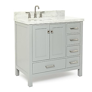 ARIEL 37" Grey Bathroom Vanity with 1.5" Edge Italian Carrara Marble Countertop & Backsplash, Left Oval Sink, 2 Soft Closing Doors, 5 Full Extension Dovetail Drawers, Brushed Nickel