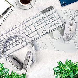 Gaming Keyboard and Mouse and Gaming Headset & Mouse Pad, Wired LED RGB Backlight Bundle for PC Gamers Users - 4 in 1 White Edition Hornet RX-250